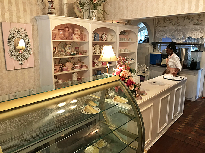 The display counter showcases treats that blur the line between tearoom propriety and bakery temptation.