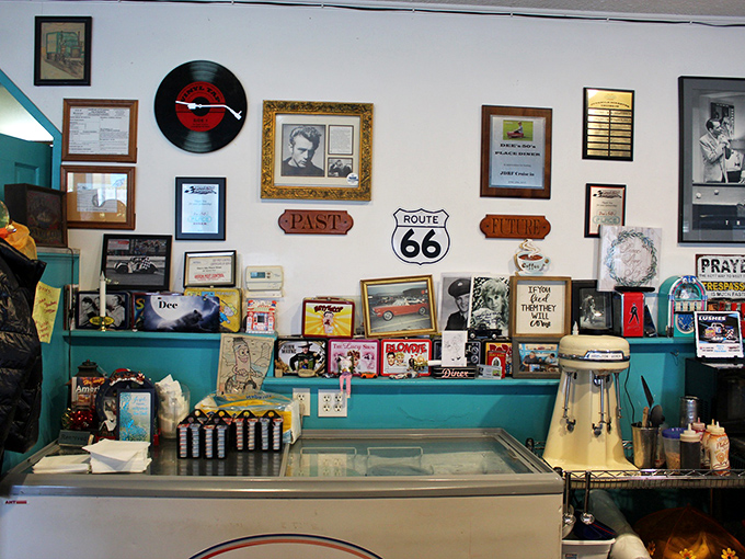 The wall of memories tells stories that menus can't. Each frame and trinket is a chapter in the community's shared history book.