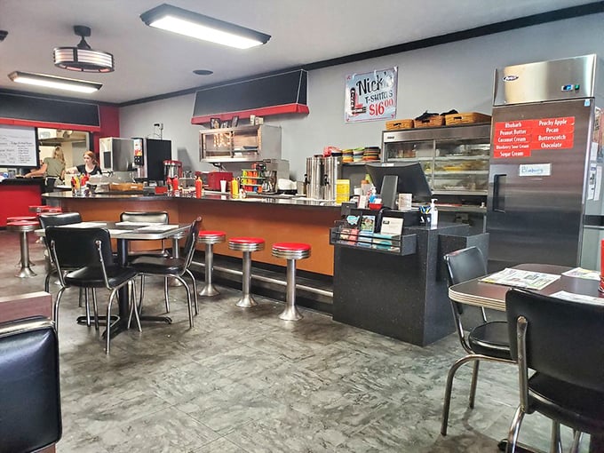 The counter at Nick's Kitchen&mdash;where regulars have their own unassigned-assigned seats and the coffee keeps flowing like conversation on a Sunday morning.