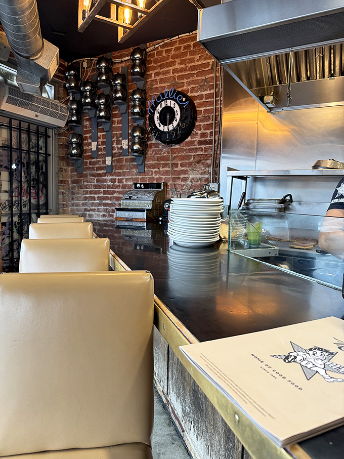 Exposed brick walls and industrial touches create the perfect backdrop for serious eating—form following delicious function.