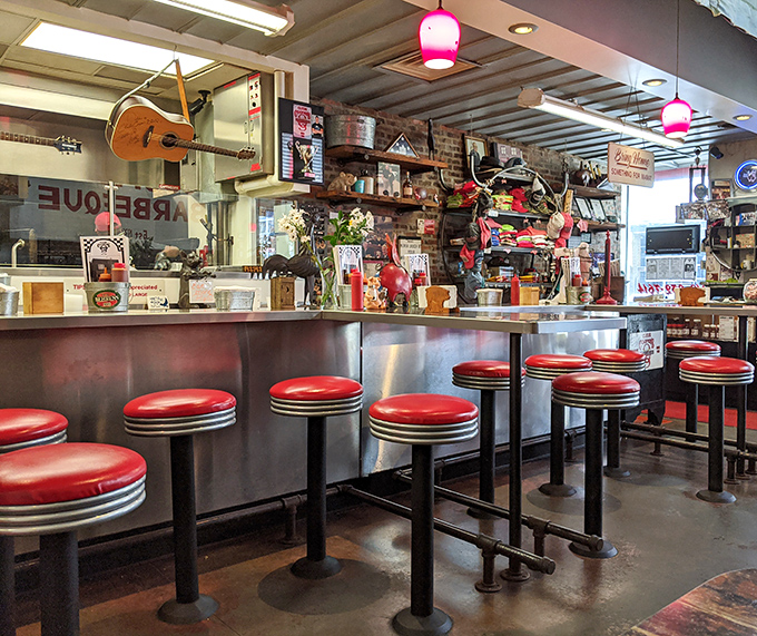 The counter where barbecue dreams come true. Those pink pendant lights add a touch of whimsy to this temple of smoked meat.