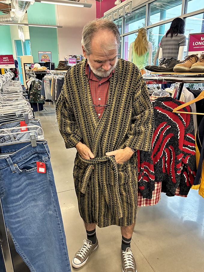 The thrill of discovery captured in real time. That vintage robe transforms an ordinary shopper into a loungewear legend.