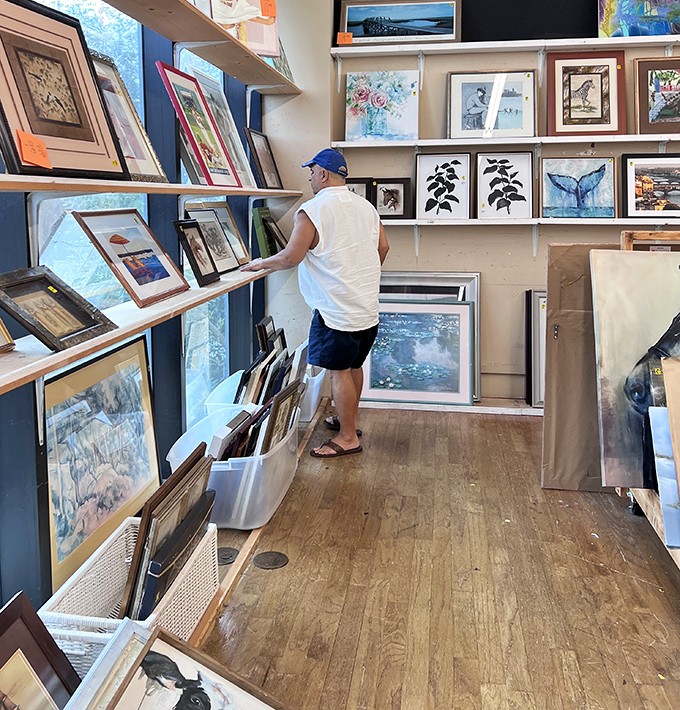The art of browsing requires patience and an eagle eye. This treasure hunter knows the best finds often hide on the bottom shelf.