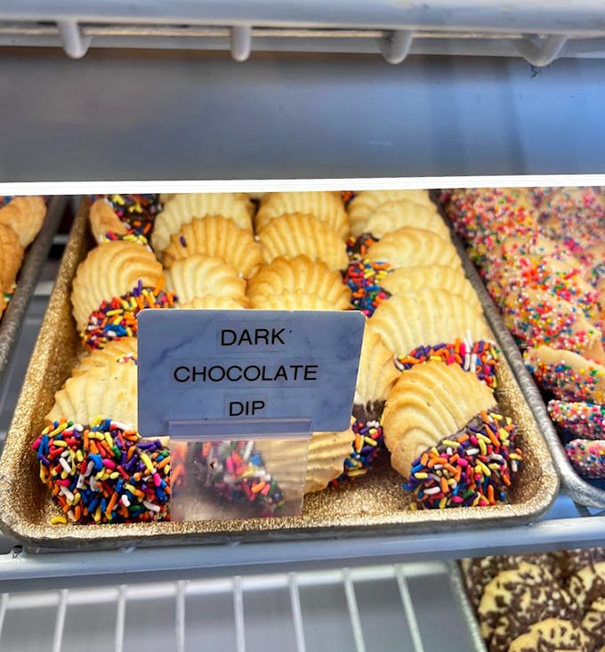Cookies dipped in chocolate and sprinkles&mdash;proving that sometimes the best outfit is the most colorful one.