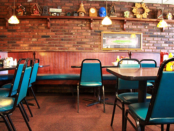 Brick walls adorned with knickknacks tell stories without saying a word. Each item a chapter in the restaurant's unwritten memoir.