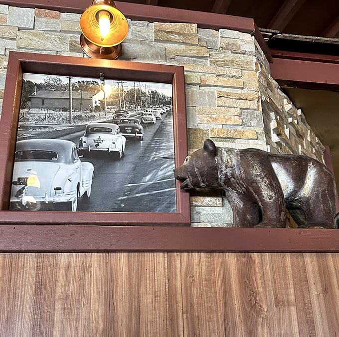 Where vintage photographs meet bear sculptures&mdash;a design aesthetic I call "Mid-Century Smoky Mountain Lodge." It shouldn't work, but somehow it absolutely does.