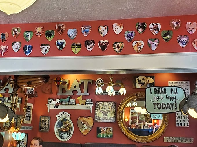 Wall art that's part dog shrine, part quirky treasure hunt. "I think I'll just be happy today" isn't just a sign&mdash;it's the inevitable outcome.