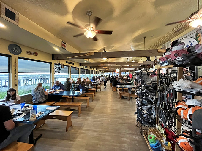 The long, narrow dining room with ocean views makes every table feel like the captain's table. Even on gray days, those windows frame a perfect coastal portrait.