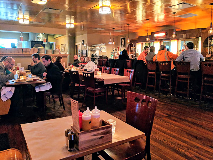 The dining room buzzes with the happy sounds of people having religious experiences with smoked meats and craft beers.