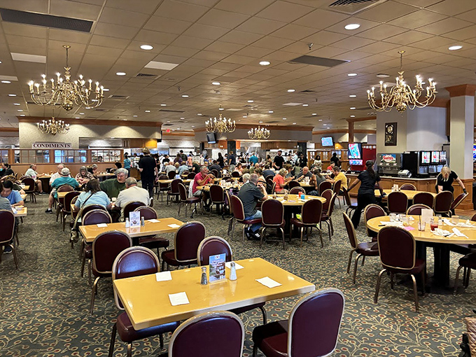 The dining room chandeliers add a touch of elegance to what is essentially a sophisticated feeding frenzy. Buffet glamour at its finest.