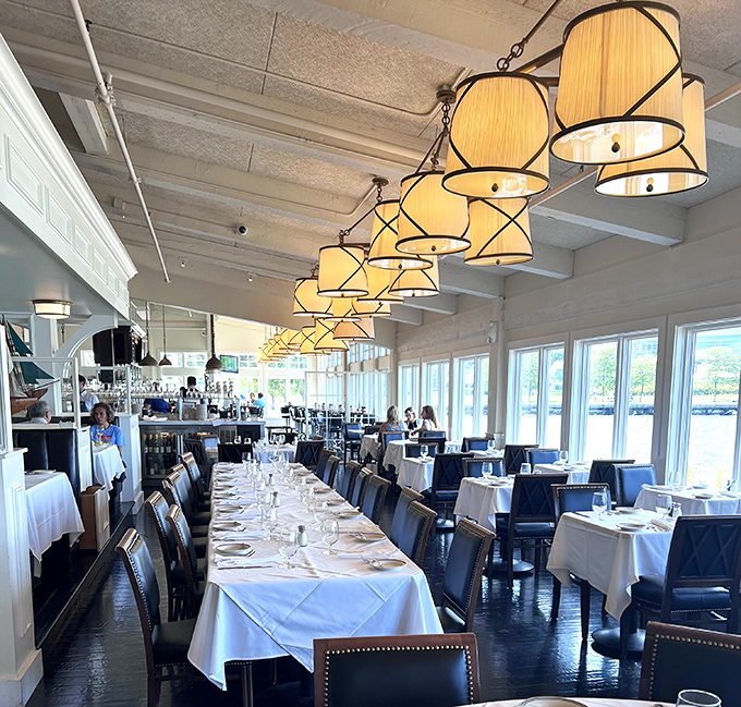 Long tables await celebration gatherings where memories will be made between courses. Those pendant lights cast the perfect "you look marvelous" glow.