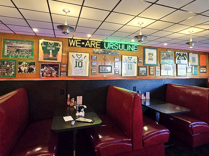 Sports memorabilia and comfort &ndash; where Ursuline pride meets perfectly positioned booths for game-day gatherings.