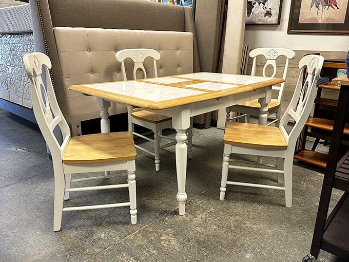 Farmhouse chic meets practical dining with this butcher-block-and-white ensemble that's ready for both Sunday dinners and weekday homework sessions.