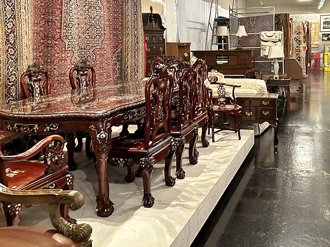 A dining set that's hosted more family debates than Thanksgiving at your in-laws. The rich mahogany practically hums with stories of celebrations past.