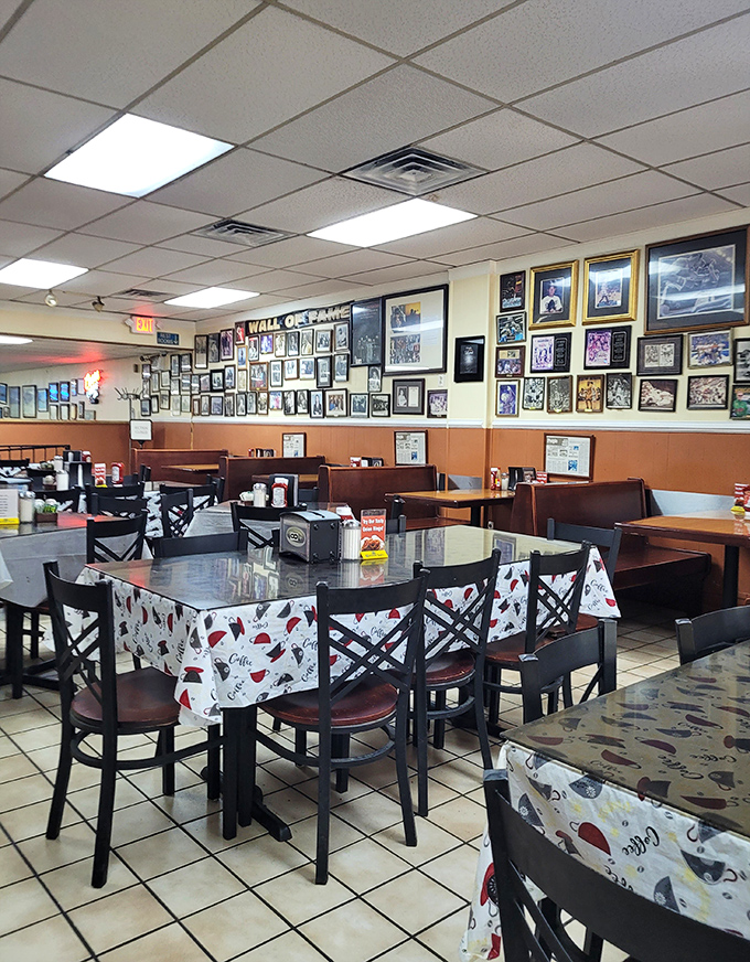 Tables dressed in cheerful patterns, because even your elbows deserve something nice to rest on while you contemplate a second helping.