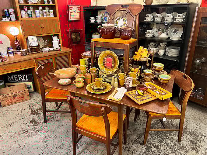 Mid-century dinnerware displayed as it should be &ndash; ready for a family gathering where conversation flows as freely as the coffee.