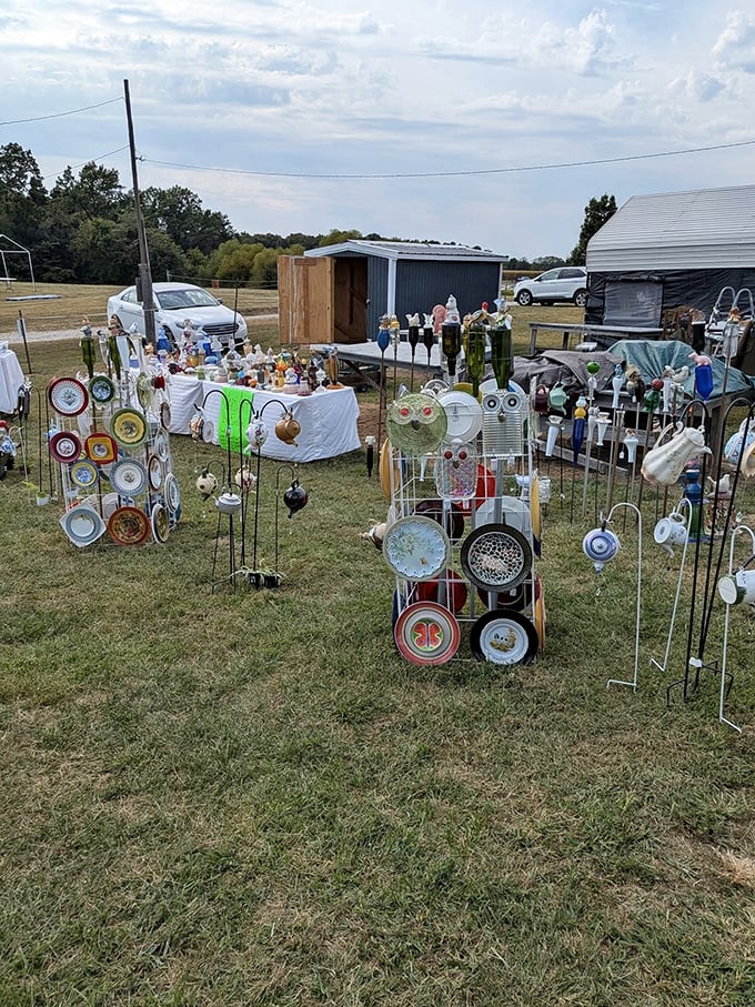 Garden art that catches both sunlight and imagination. These plate flowers and metal creations bloom year-round, requiring no water&mdash;just occasional dusting.