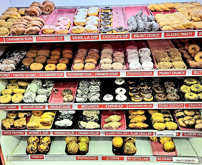 Donut heaven exists and it has multiple shelves. This display case is what sweet dreams are literally made of.