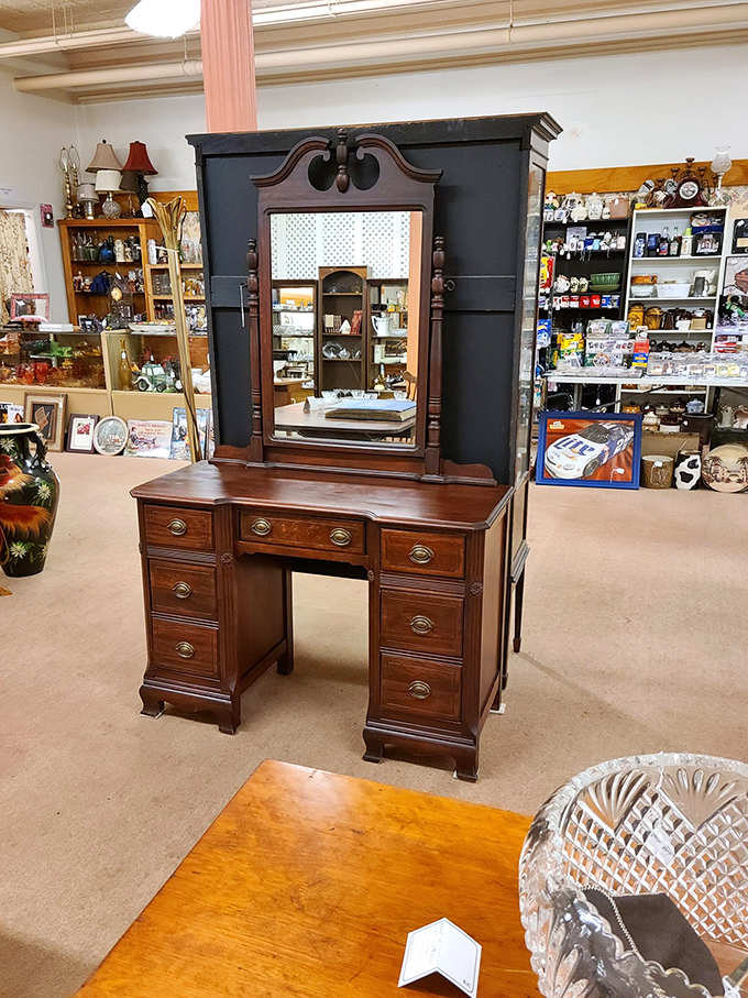 This isn't just a dressing table&mdash;it's where someone once prepared to face the world. Morning rituals and evening reflections, all centered around this mirror.