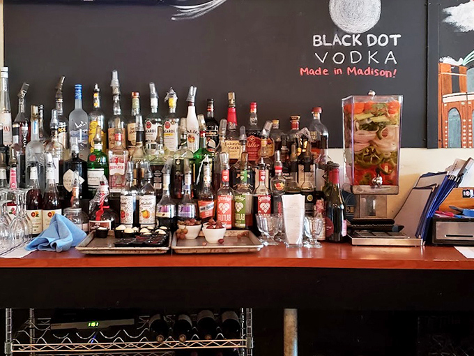 A bar that understands breakfast cocktails aren't just drinks, they're essential food groups. The Bloody Mary garnish game here must be legendary.