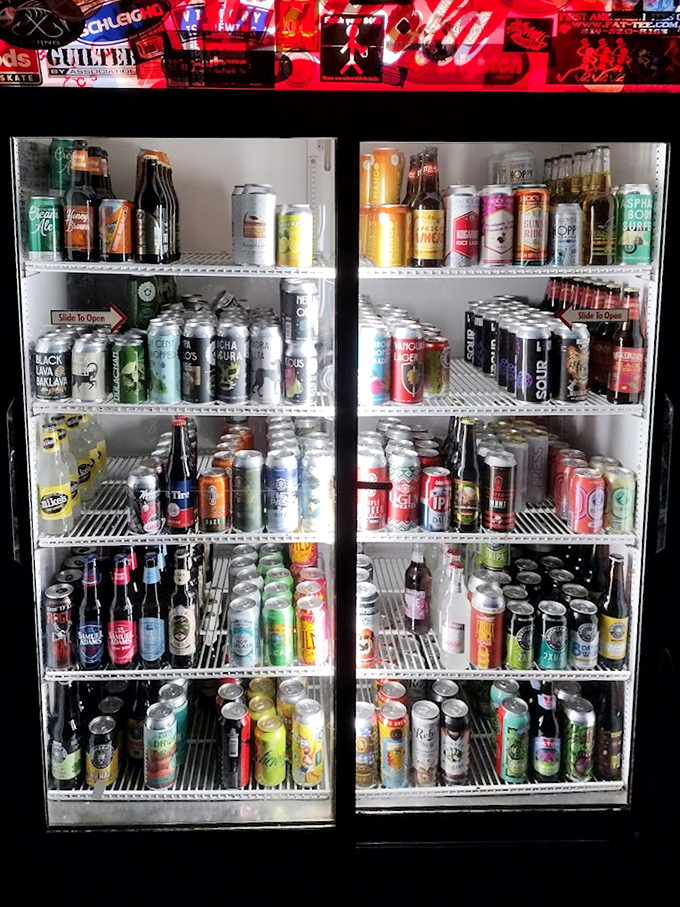 The beer fridge at Calamari's doesn't just offer options&mdash;it presents a colorful gallery of liquid possibilities from craft to classic.