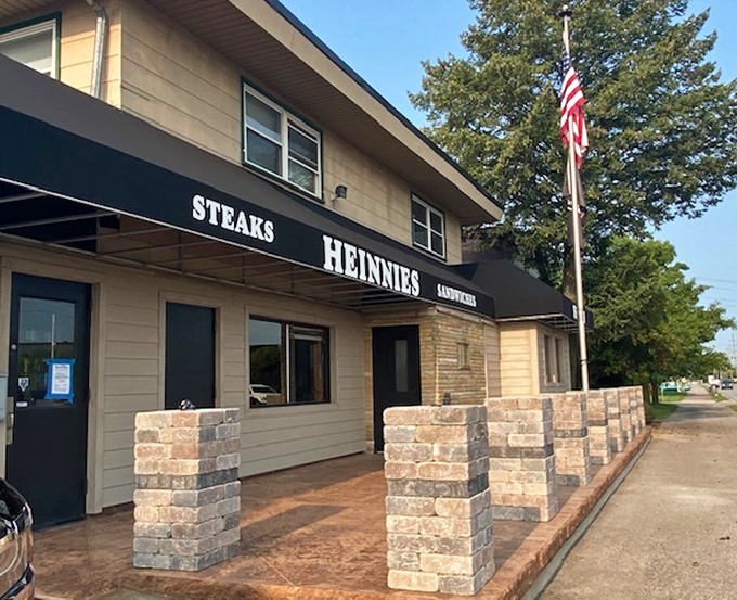 The front entrance with its stone pillars and awning &ndash; where countless hungry visitors have begun their journey to prime rib nirvana.