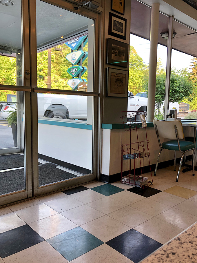 The entrance view promises what's inside: authentic diner experience without pretension. That checkerboard floor has seen millions of footsteps.