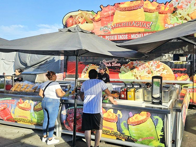 The siren call of street food! This colorful stand promises Mexican delights that will fuel your bargain hunting expedition with flavor.
