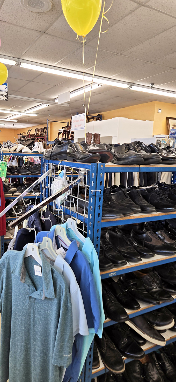 Footwear heaven under yellow balloons&mdash;where barely-worn dress shoes and casual kicks find second lives at first-time-buyer prices.