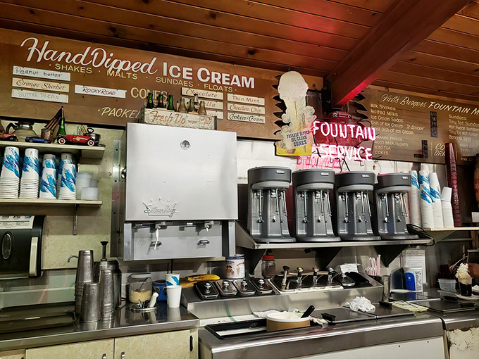 That fountain service setup promises milkshakes mixed the old-fashioned way, with actual ice cream and patience.