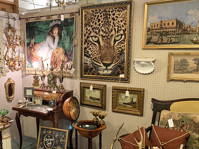 Wall art that ranges from "safari chic" to "European vacation." That leopard looks like he's judging your outfit choices, and honestly, he might be right.