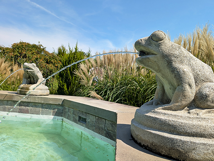 Stone frogs eternally spout water in this whimsical fountain. They've been telling the same joke for years, but it never gets old.