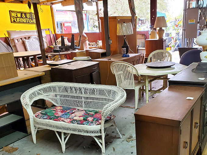 Furniture finds await their forever homes. That wicker loveseat has witnessed decades of conversations and is ready for yours.