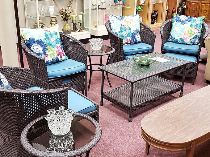 Outdoor furniture that's ready for your summer gatherings. Those blue cushions pop against the wicker frames like Wisconsin sky on a perfect July day.