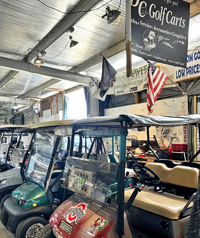 Golf cart nirvana for Florida's preferred mode of transportation. In some communities, these are status symbols more important than luxury cars.