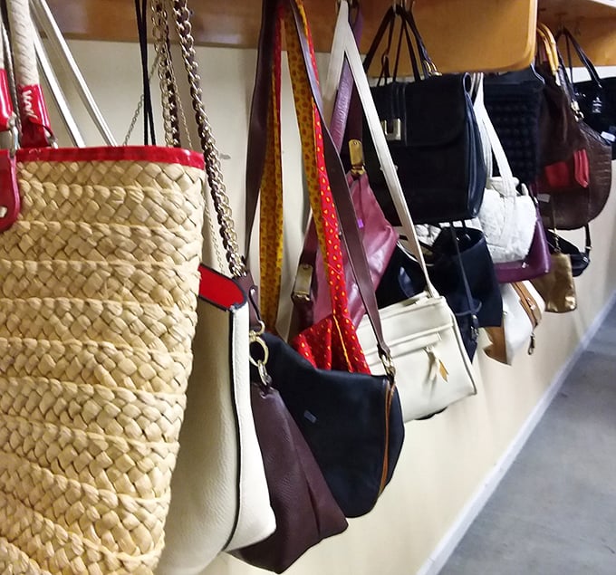 A hanging garden of handbags offers style options for every occasion, from beach totes to evening clutches waiting for their second act.