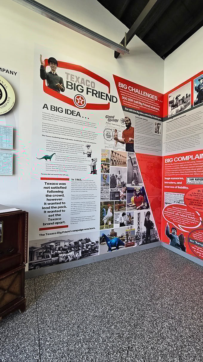 Wall displays reveal the fascinating history of Texaco's "Big Friend" campaign, when gas stations decided that bigger was definitely better for roadside marketing.
