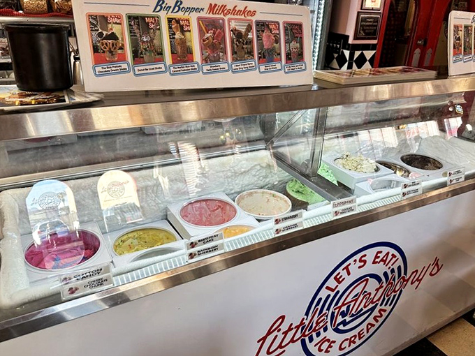 Ice cream flavors lined up like contestants in a delicious beauty pageant. Each scoop is a cold, creamy ticket to childhood joy.