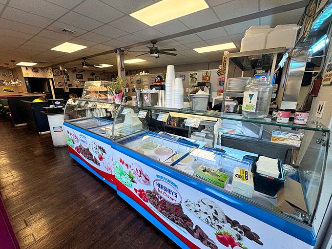 The ice cream counter promises sweet endings to savory beginnings. Dessert isn't optional&mdash;it's essential research.