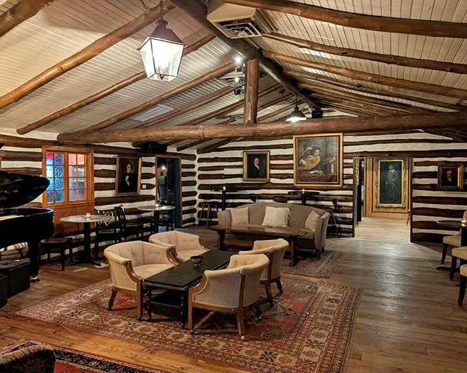 The lounge area invites lingering conversations over nightcaps, where historical portraits on log walls seem to approve of your cocktail choices.