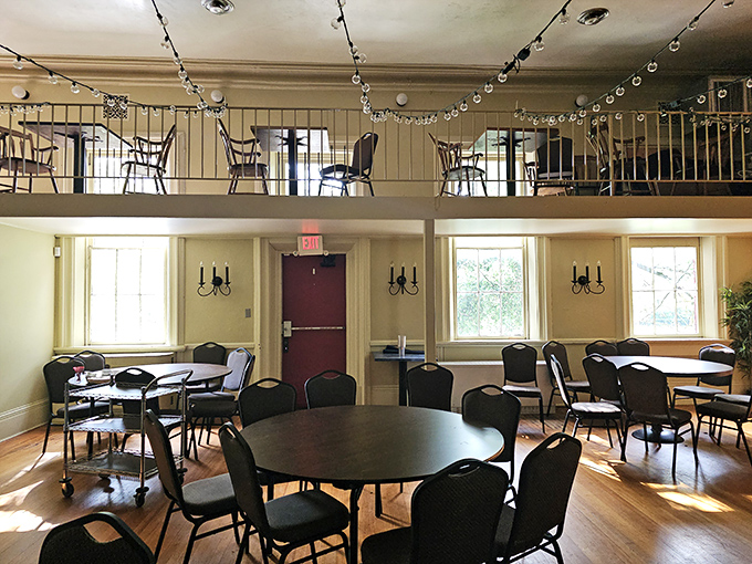 The mezzanine level offers a bird's-eye view of the dining experience below&mdash;like the cool kids' table with better sightlines.