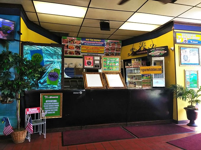 Yellow walls, blue trim, and a counter that's seen thousands of chicken orders. This isn't ambiance &ndash; it's authenticity, the kind that can't be manufactured by restaurant consultants.