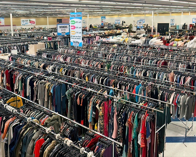 The clothing section from above looks like a textile library&mdash;rows upon rows of fashion history waiting to be checked out.