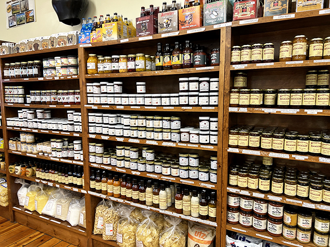 Jars upon jars of preserved goodness line the shelves like a tasty library. Each one contains summer sunshine and flavor, waiting patiently to brighten a winter meal.