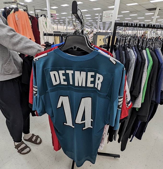 A Detmer jersey among the racks &ndash; because one person's closet cleanout is another's game day treasure.