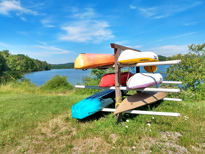 A rainbow of kayaks stands ready for adventure, like a box of crayons waiting to color your day with excitement.