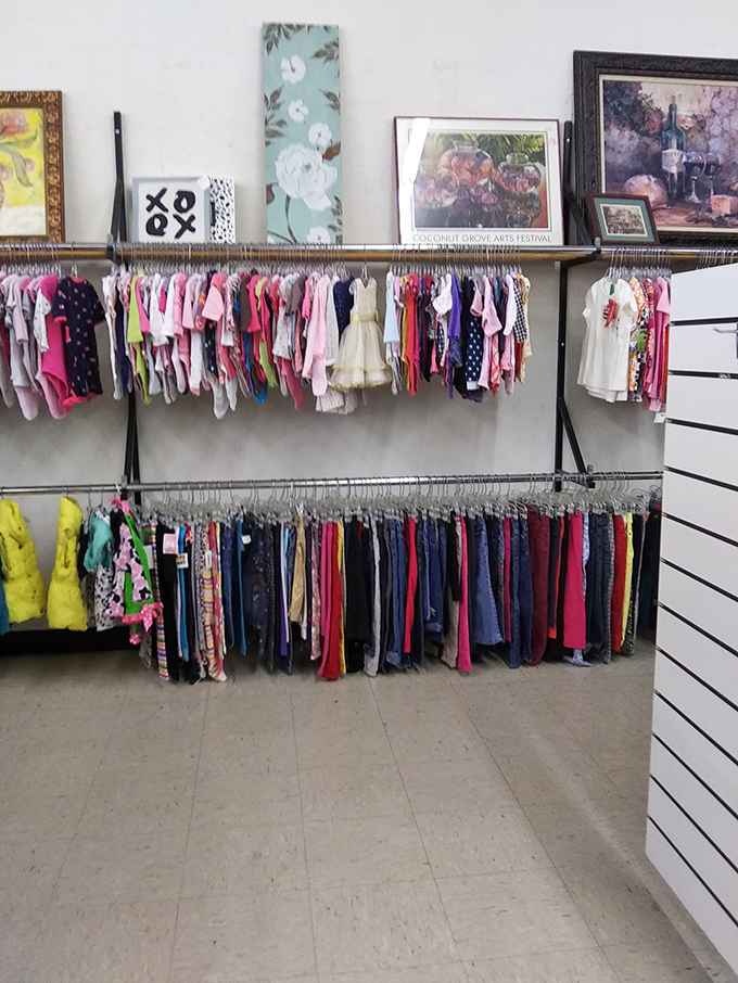 Tiny fashion statements hanging above grown-up clothes. These kids' outfits tell stories of birthday parties past while promising new adventures at playground prices.