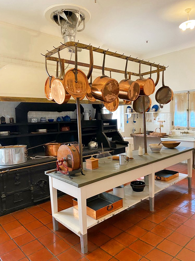 Copper pots hanging like burnished medals of culinary honor. This kitchen has prepared feasts that would make your holiday spread look like microwave dinner.