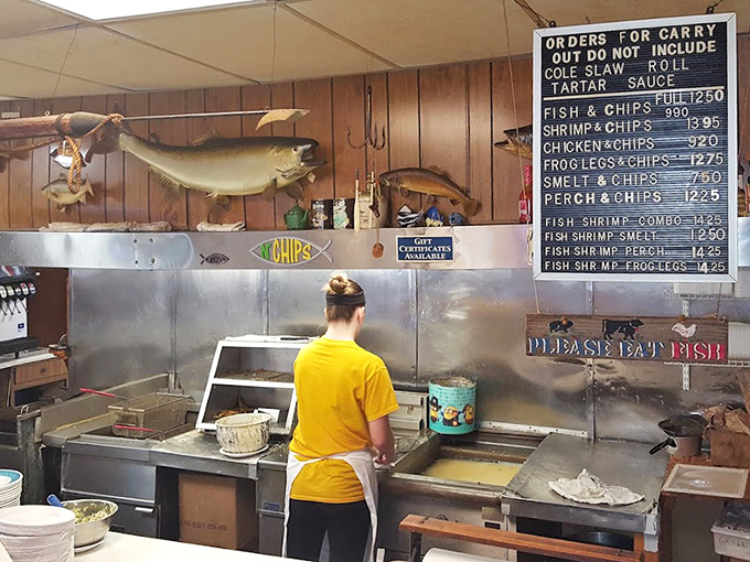 Where the magic happens: a glimpse into the kitchen reveals the battlestation where countless pieces of fish meet their delicious, crispy destiny.