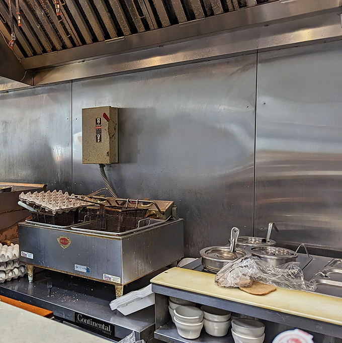 The kitchen &ndash; where breakfast dreams come true. No fancy equipment, just decades of experience and the tools to make perfect diner fare.